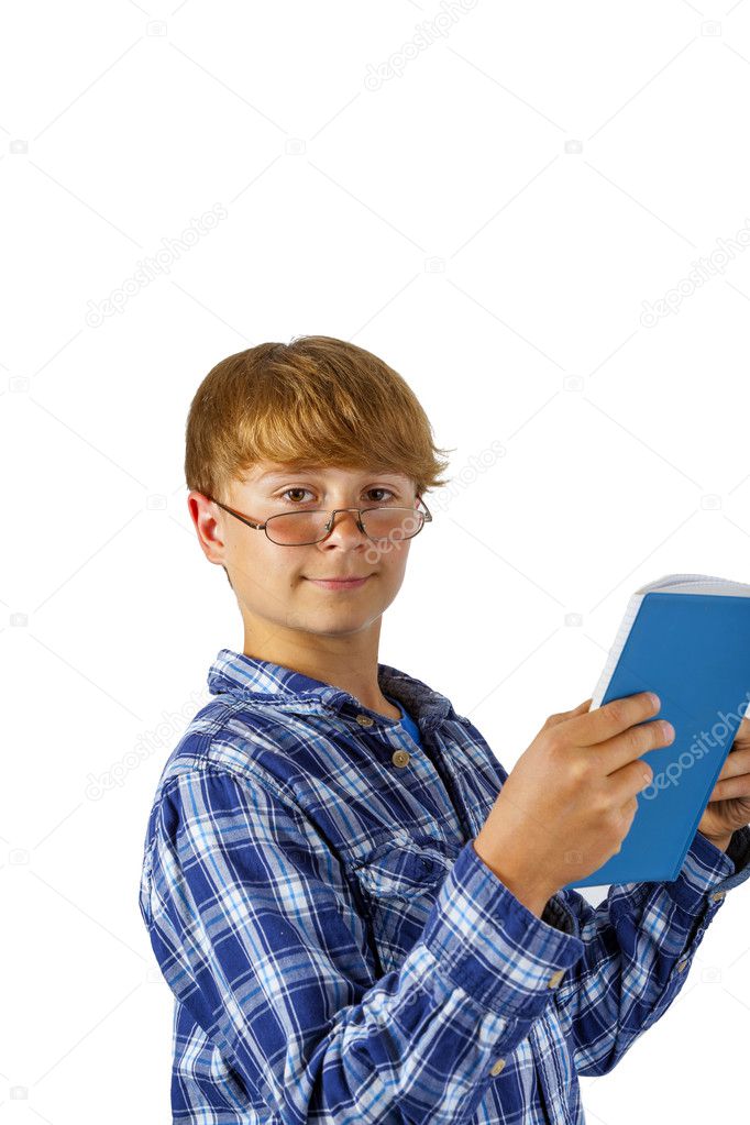Happy smart boy is reading in a book — Stock Photo © Hackman #12784300