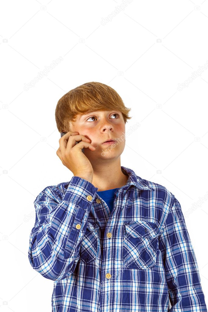 Cute handsome young boy speaking with a mobile phone — Stock Photo ...