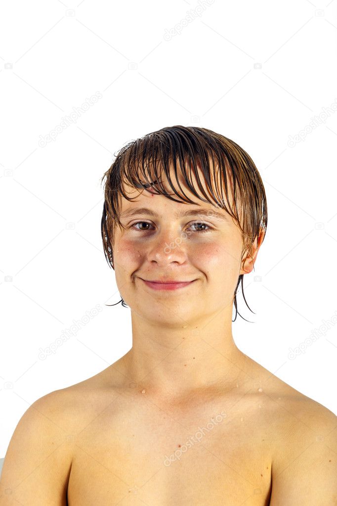 Smart handsome boy with wet hair poses in Studio — Stock Photo ...