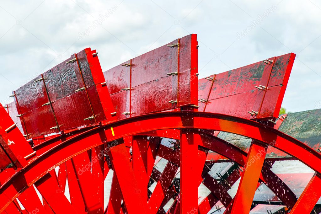 Red Riverboat Paddle Wheel in a River with Trees Stock Photo by ...