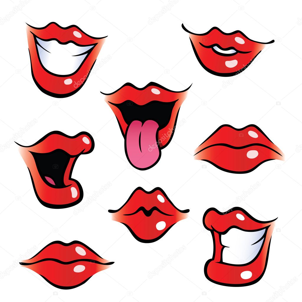 Bocas femeninas de dibujos animados con labios brillantes Vector de ...