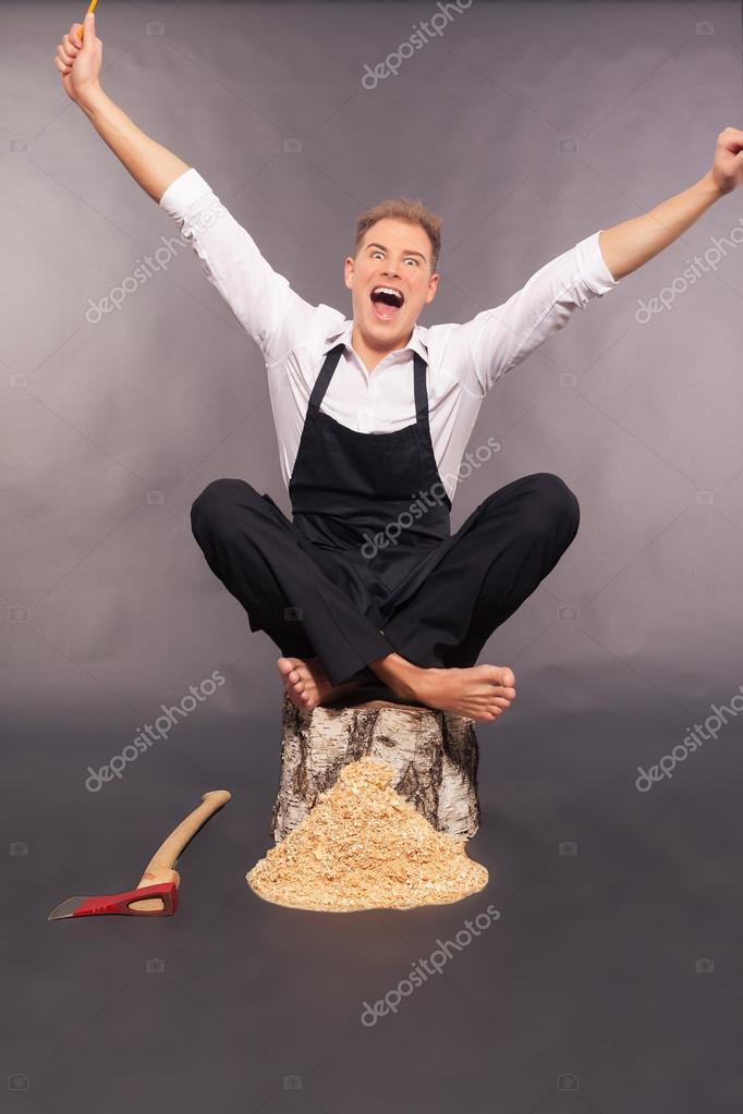 Country bumpkin rejoicing after chopping wood — Stock Photo ...
