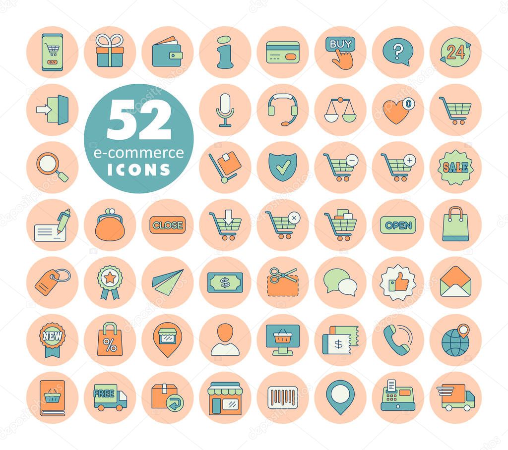 E-commerce set vector plano iconos de compras y en línea. Símbolo ...
