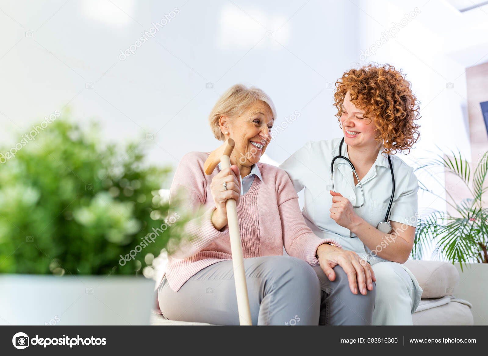 Friendly Relationship Smiling Caregiver Uniform Happy Elderly Woman ...