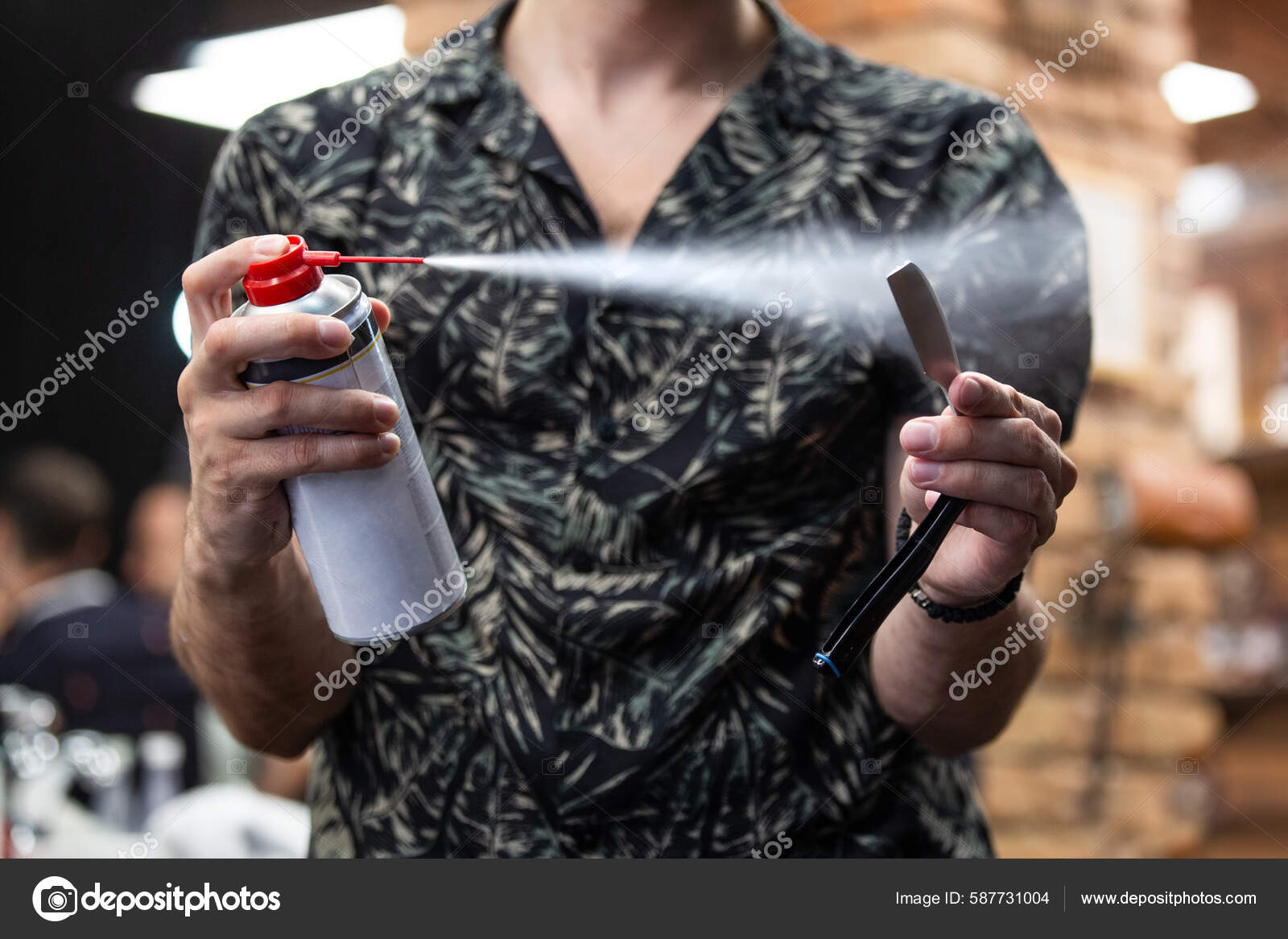 Master Disinfecting Shaving Instrument Use Young Man Spray ...