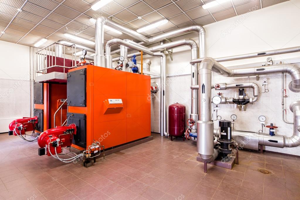 Interior industrial diesel boiler room with boilers and burners — Stock ...