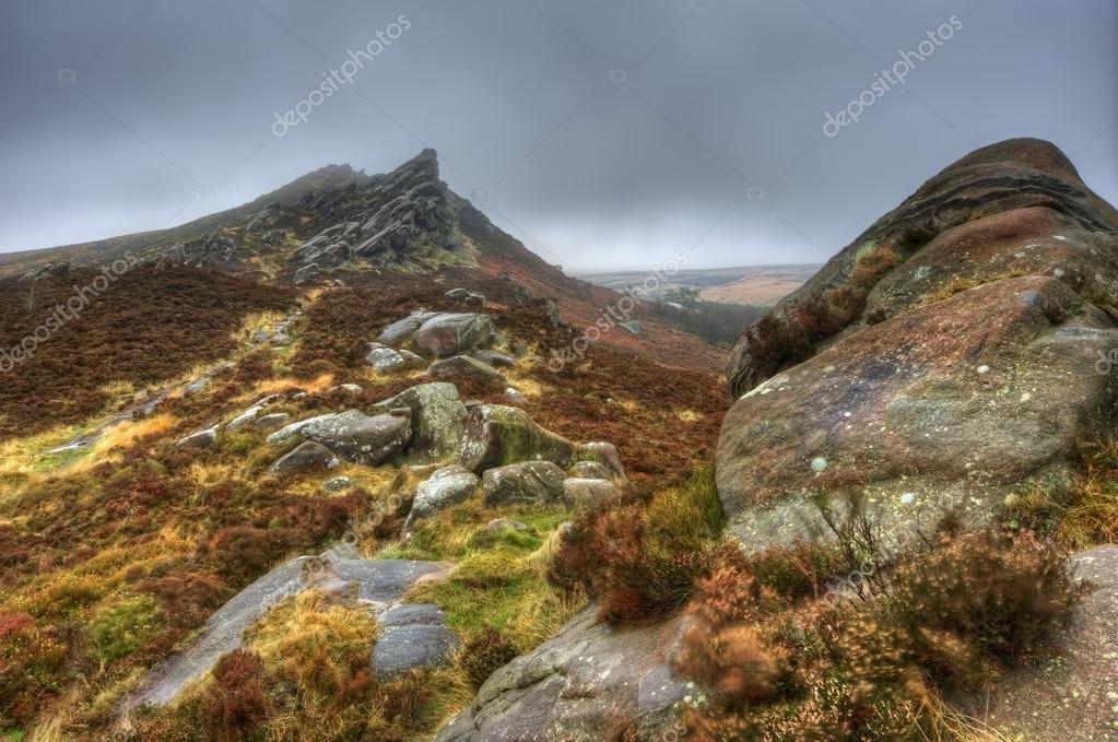 Ramshaw Rocks in Peak District National Park on foggy Autumn day Stock ...