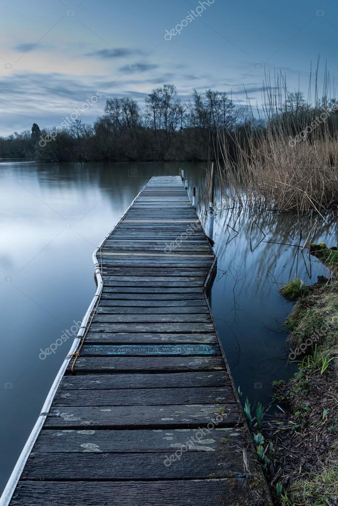 Tranquilo paisaje tranquilo a la luz de la luna sobre el lago y ...