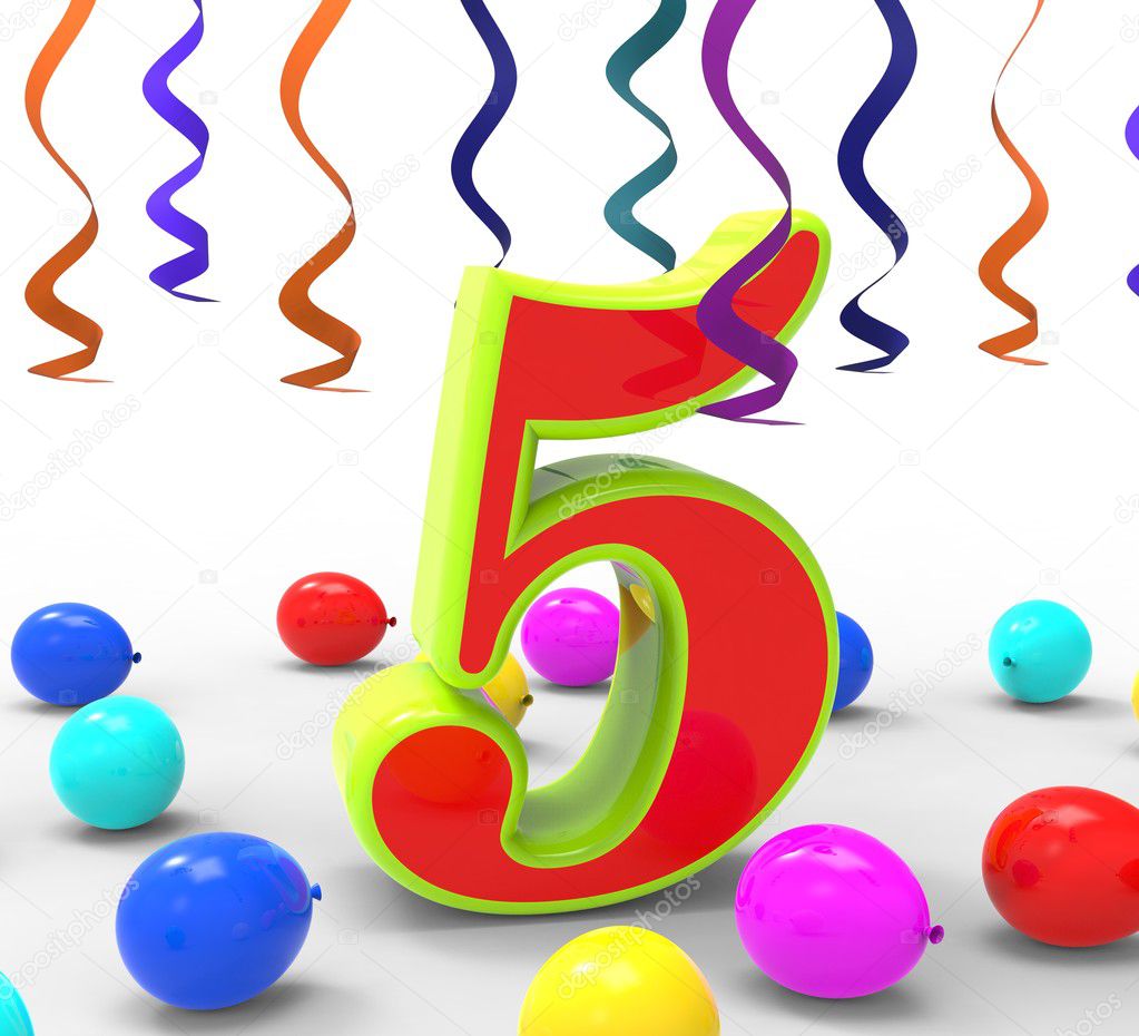 Number Five Party Shows Multi Coloured Decorations And Confetti — Stock ...