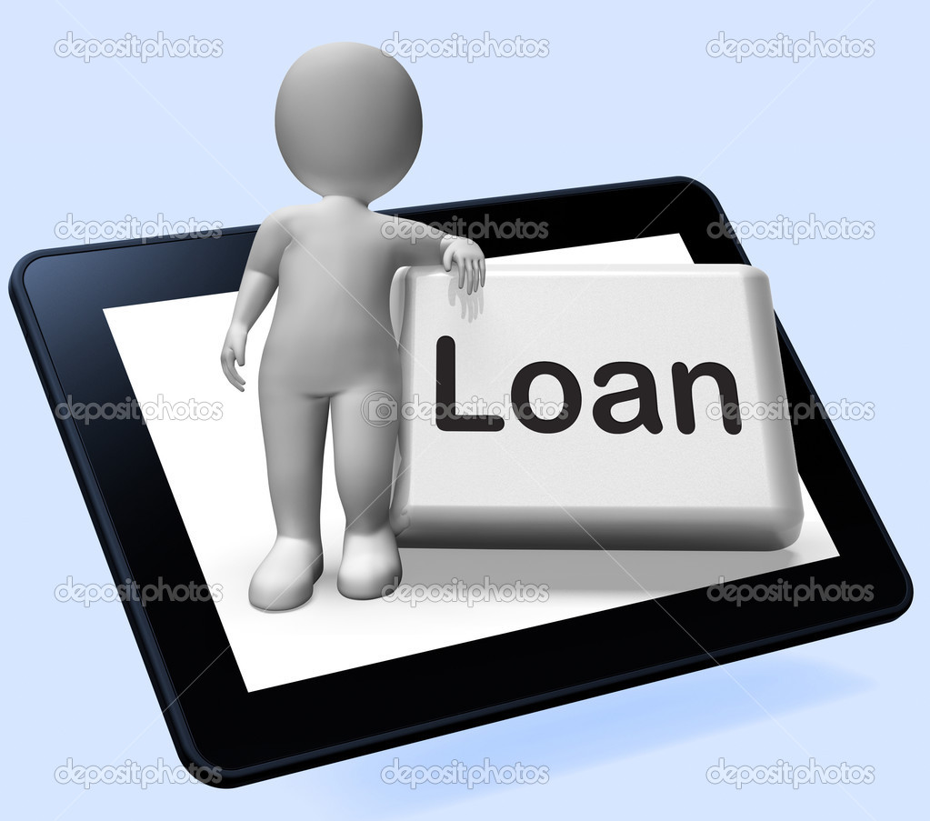 Loan Button Tablet With Character Means Lending Or Providing Ad — Stock ...