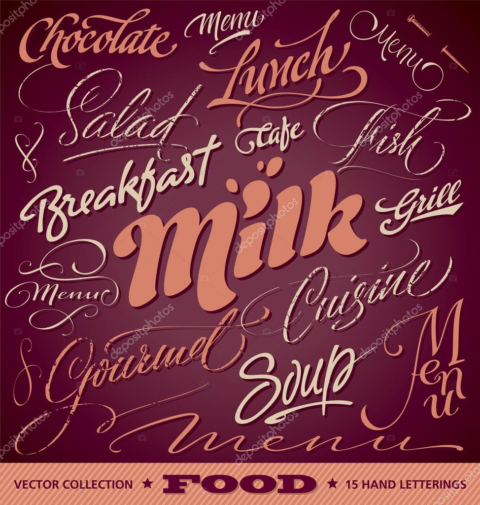 15 ALIMENTOS menú mano titulares con letras (vector) 2024