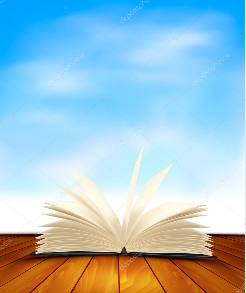 Open book on a wooden floor in front of a blue background. Vecto ⬇ ...