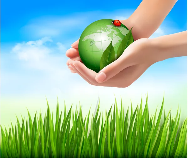 Human Hand Holding Green Globe With Leaves Vector — Stock Vector