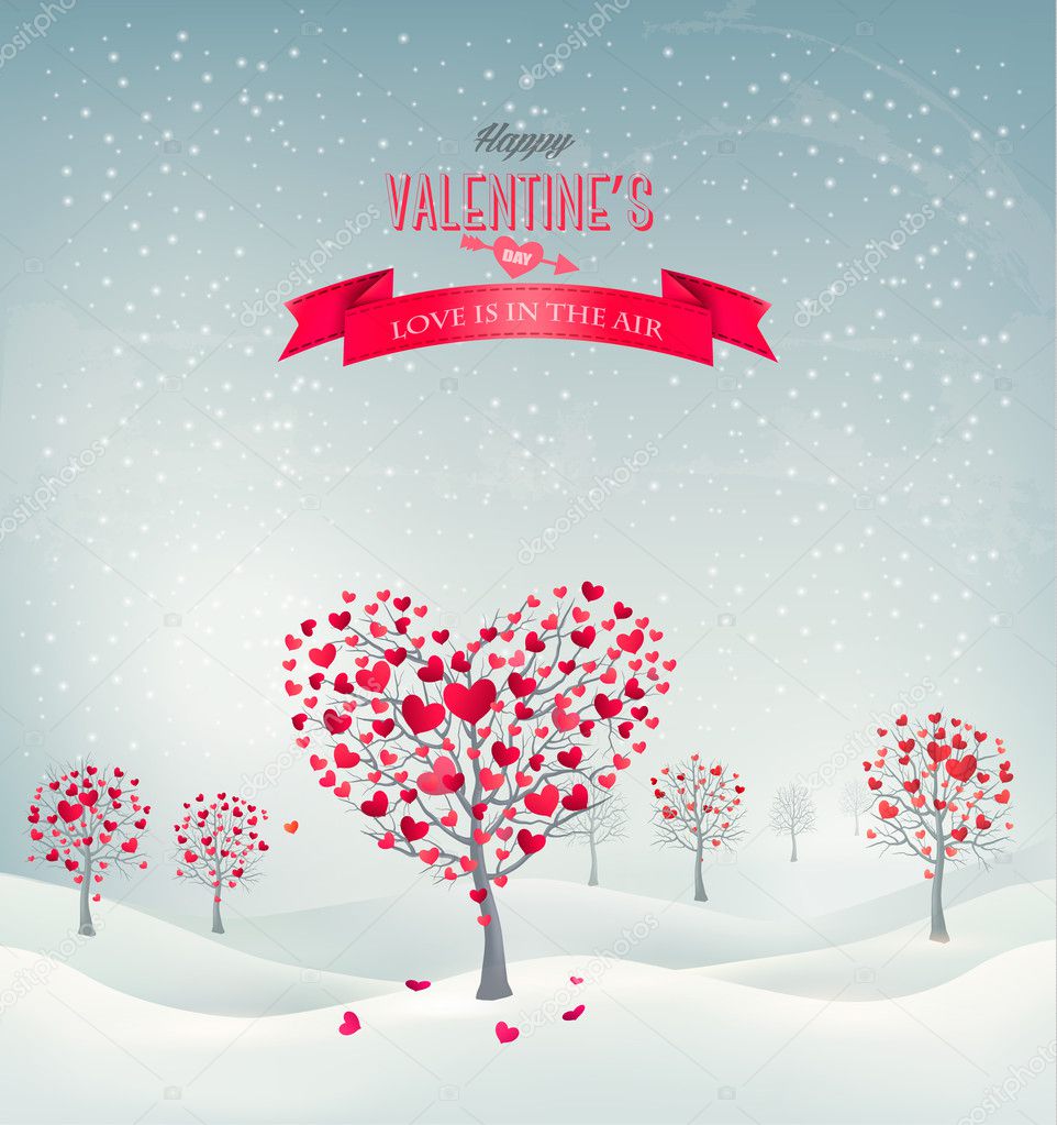 Holiday retro background. Valentine trees with heart-shaped leav Stock ...