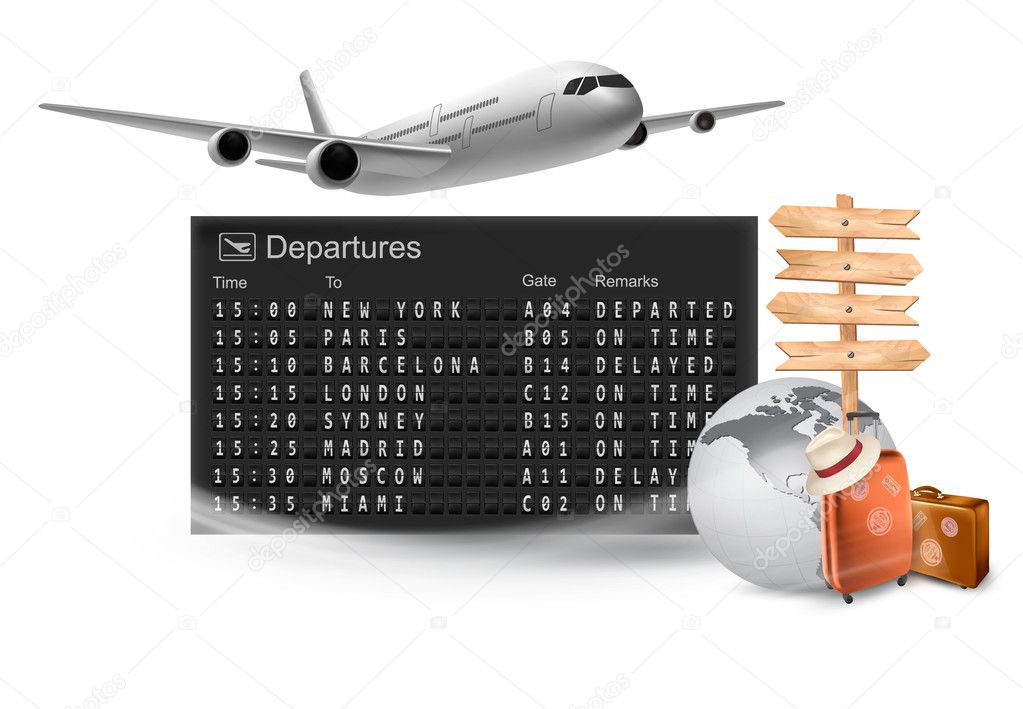 Travel background with mechanical departures board and airline. Stock ...