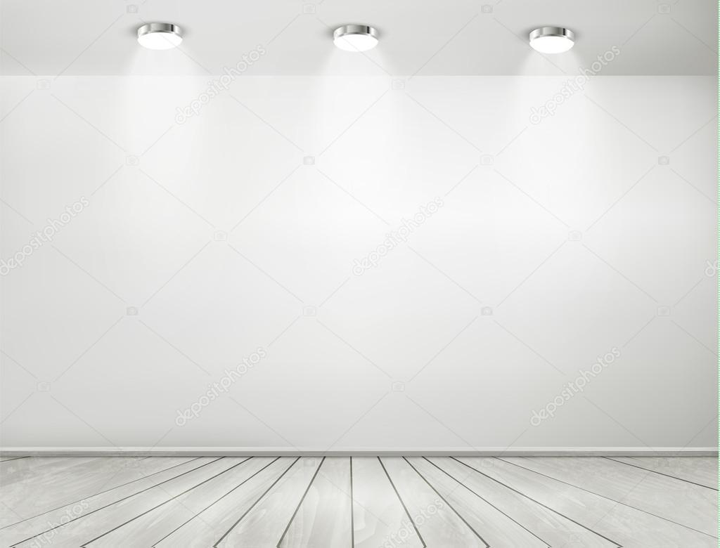 Grey room spotlights and wooden floor. Showroom concept. Vector. Stock ...