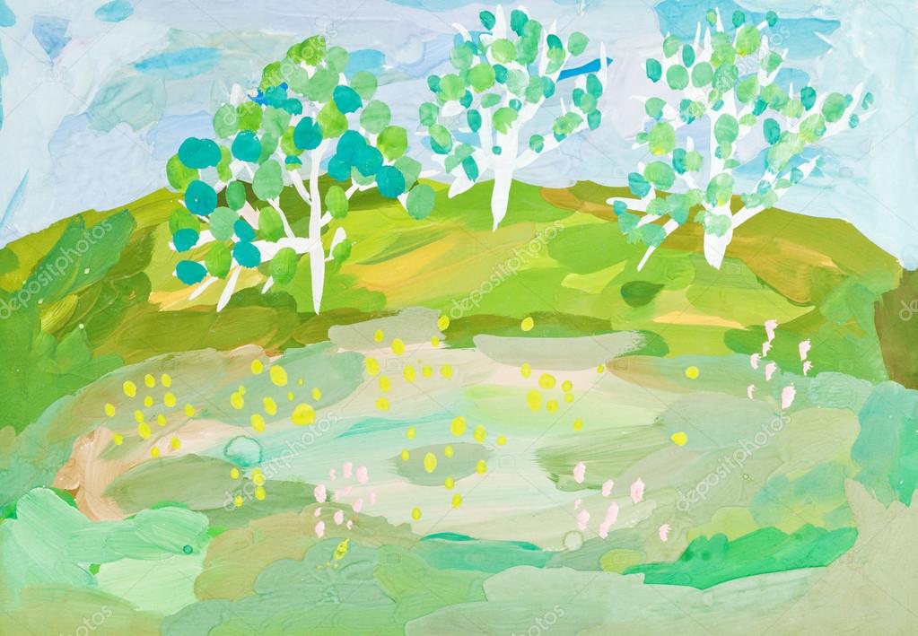 Children drawing - landscape with three trees Stock Illustration by ...