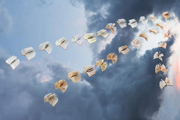 Flock of flying books in storm clouds - Stock Image - Everypixel