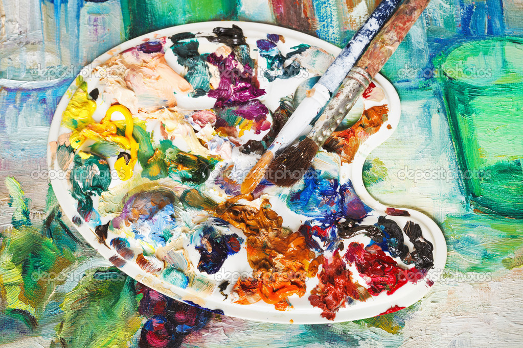 Pallette and paintbrushes on picture canvas — Stock Photo © vvoennyy ...