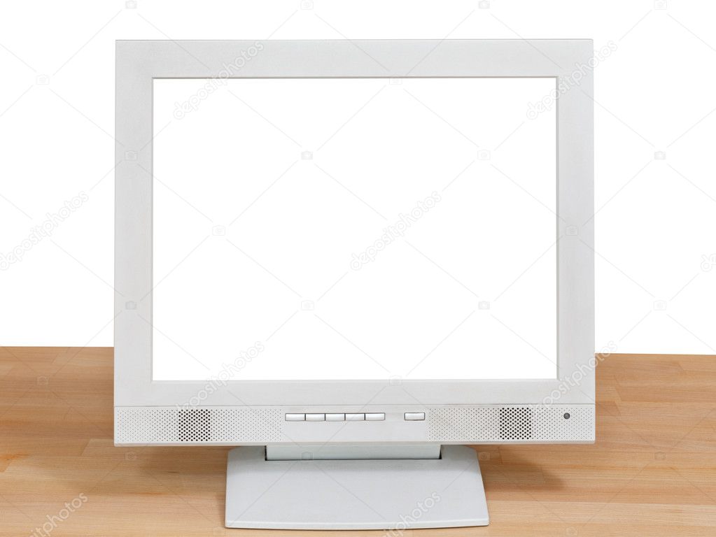 Front view grey computer display on wooden table Stock Photo by ...