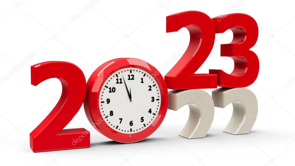 2022-2023 change with clock dial represents coming new year 2023, three-dimensional rendering ...