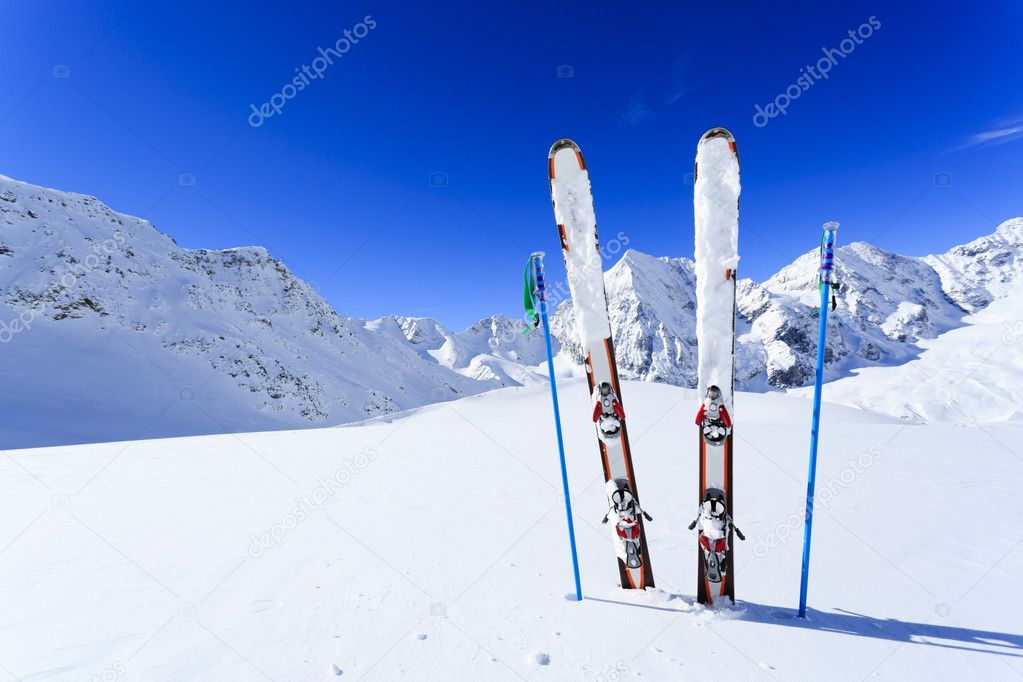 Skiing, winter season , mountains and ski equipments on ski run — Stock ...
