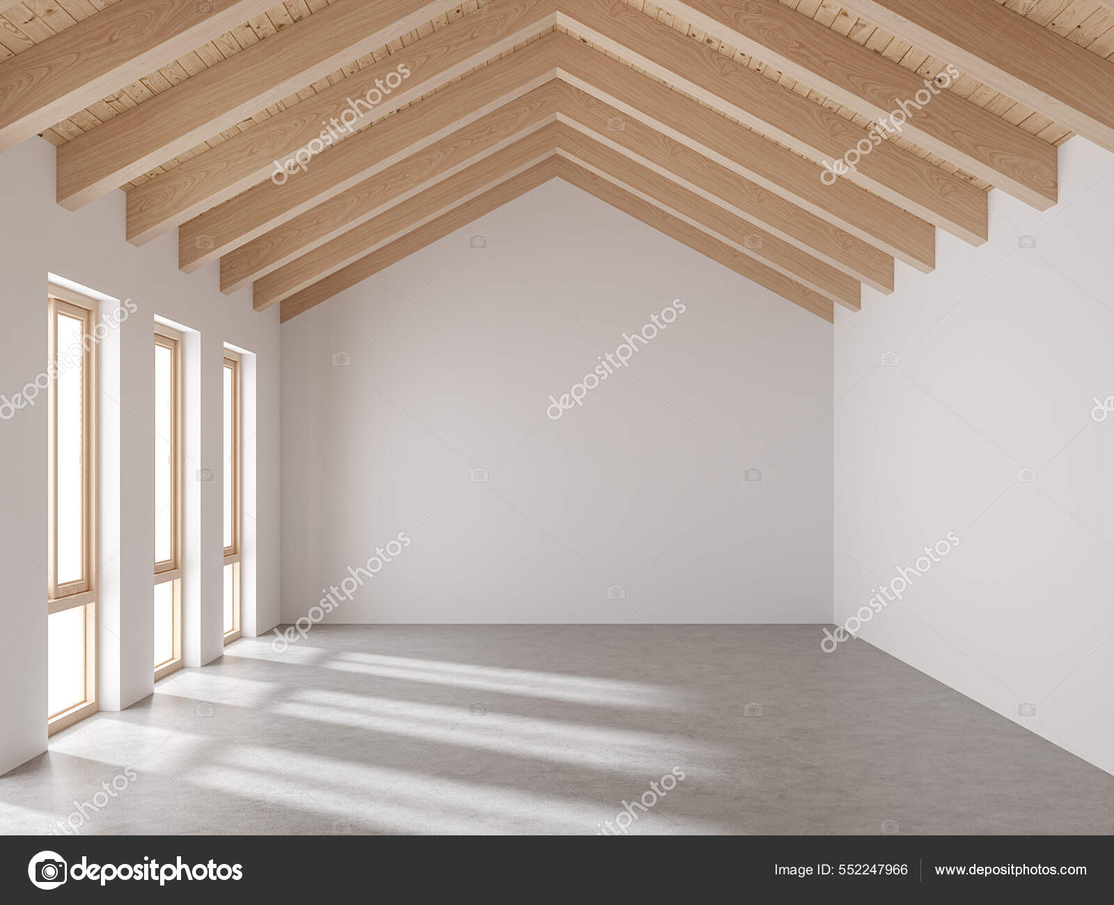Empty Room Gable Roof Structure Render White Paint Walls Concrete ...