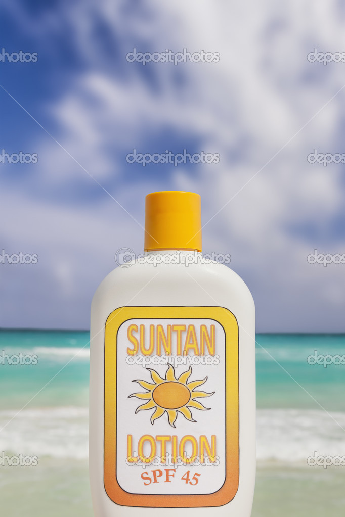 Suntan lotion with caribbean ocean in background Stock Photo by ...