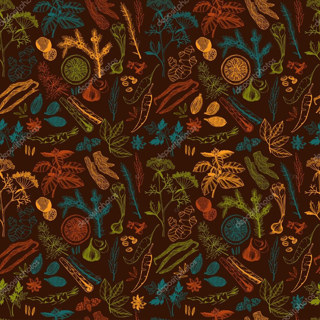 Seamless vector pattern with hand drawn spices and herbs — Stock Vector ...