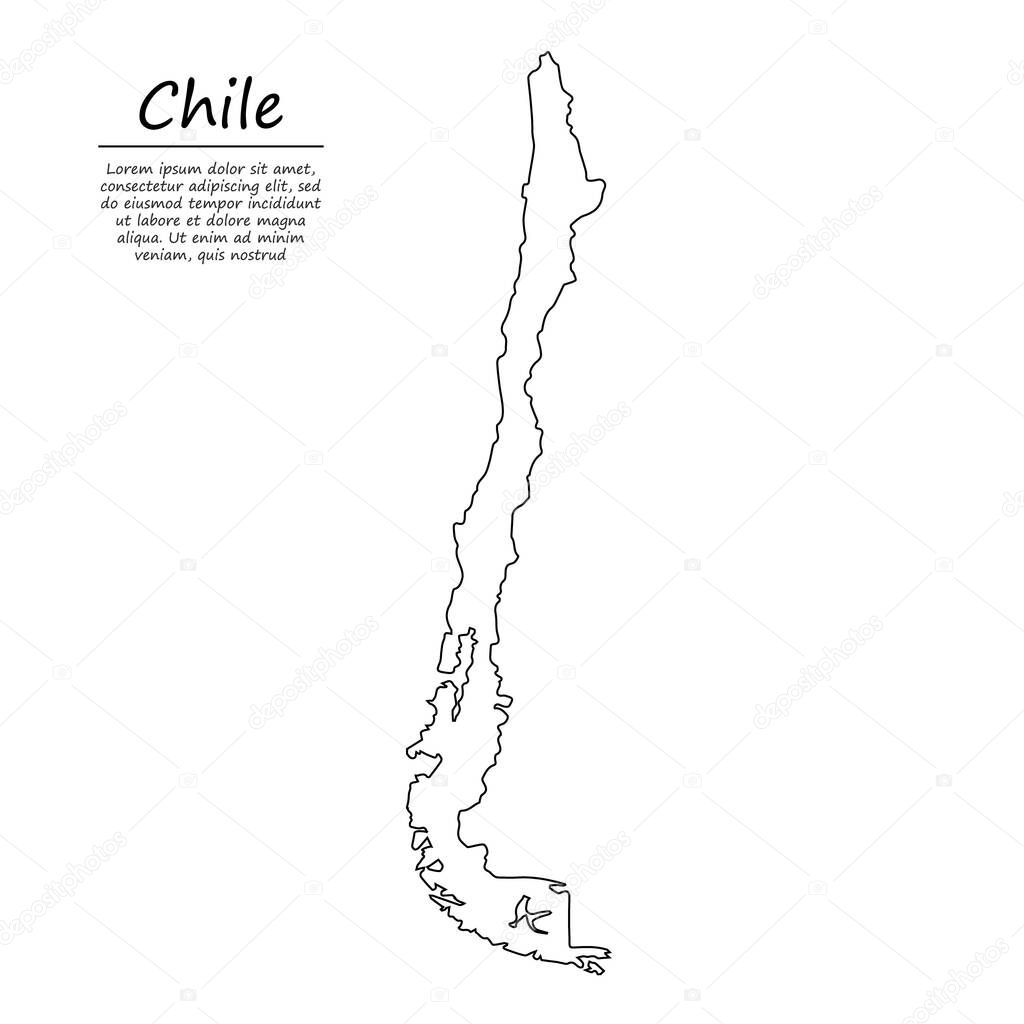 Mapa esquemático simple de Chile, silueta vectorial en estilo de línea ...