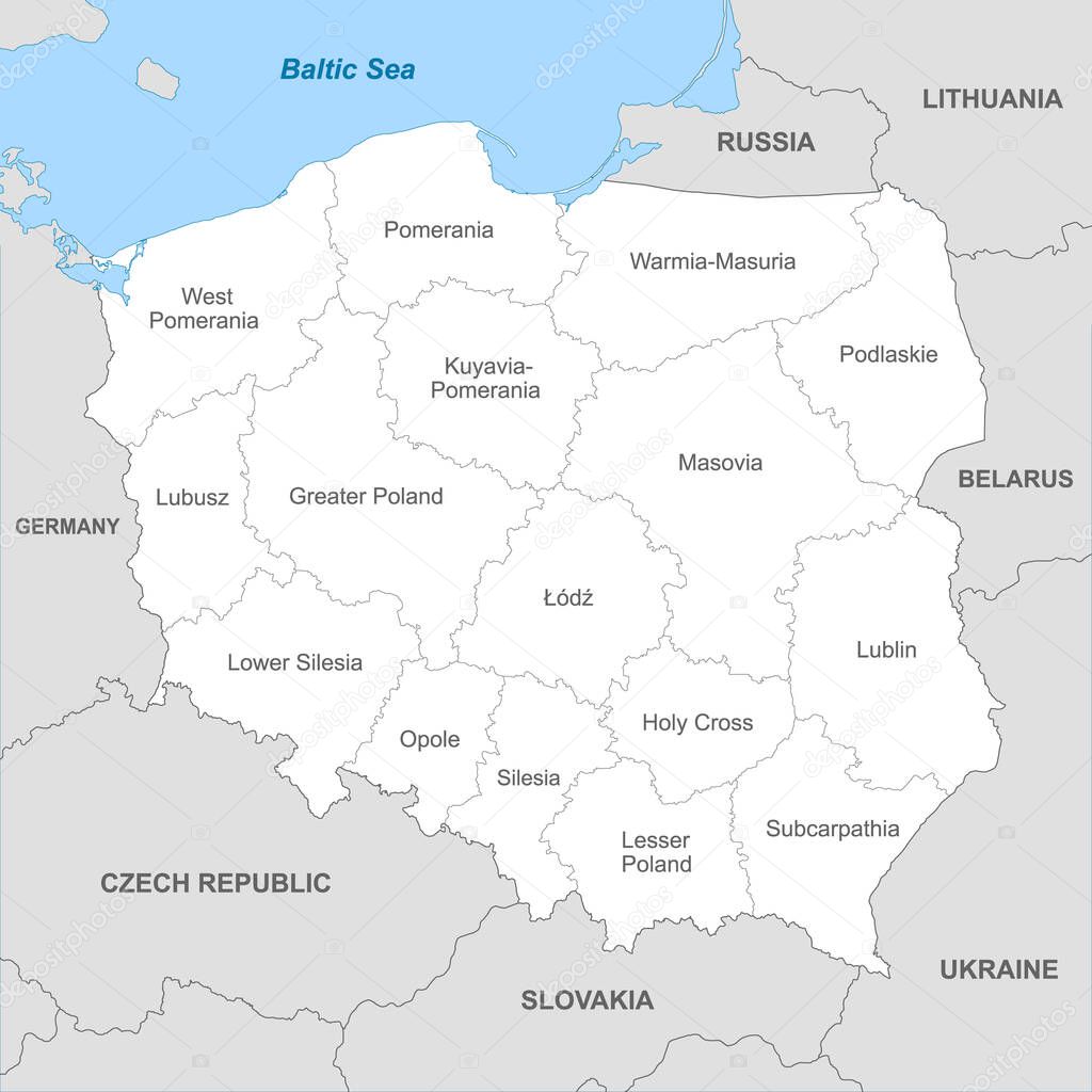 Political map of Poland with borders with borders of regions and ...