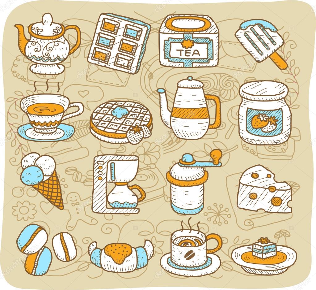 Hora del té, café, merienda, t ea conjunto de iconos Vector de stock ...