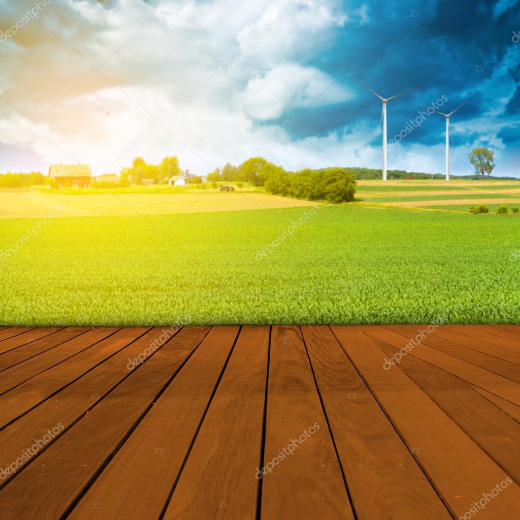 Old Table Surface With Blurred Countryside Landscape — Stock Photo ...