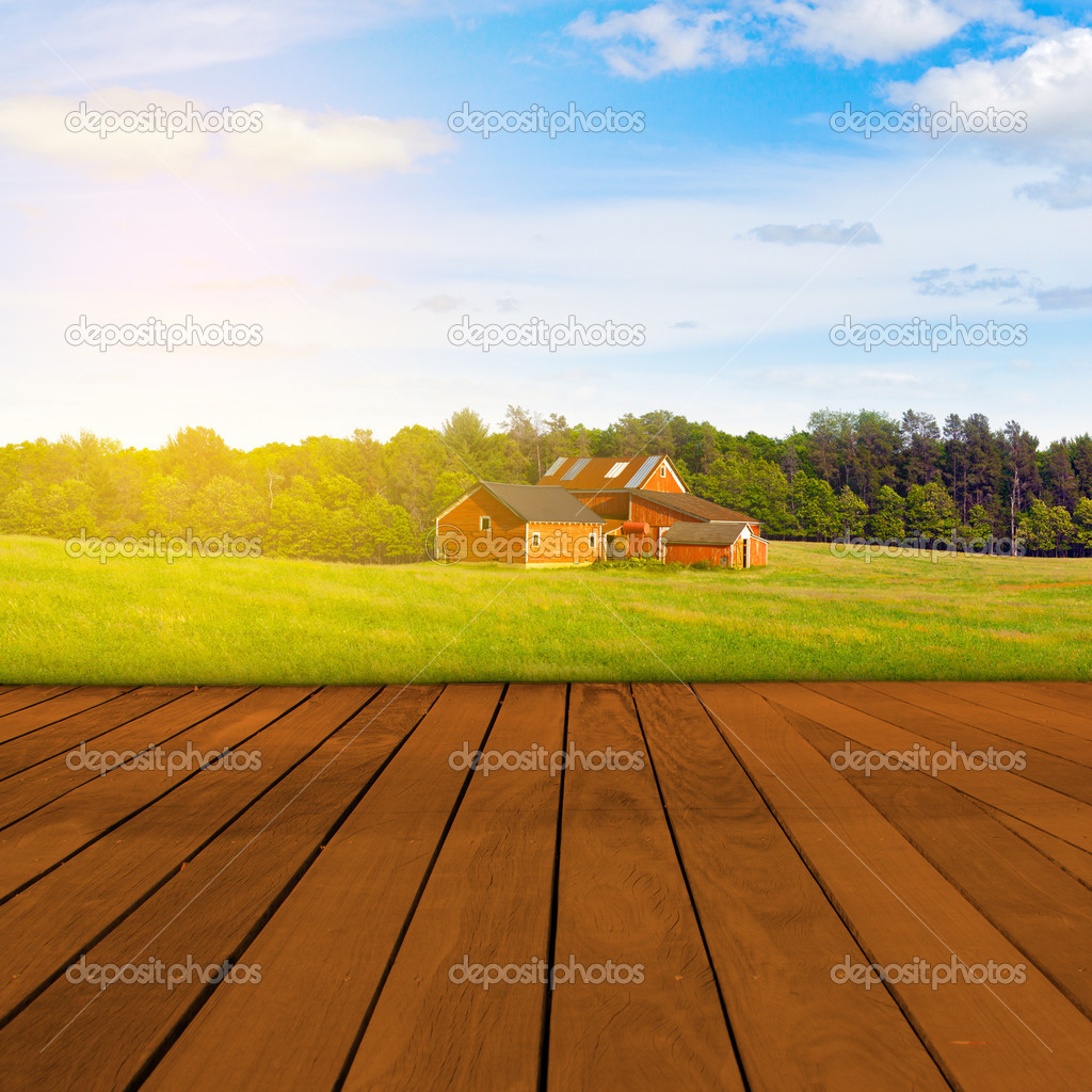 Old Table Surface With Blurred Countryside Landscape — Stock Photo ...