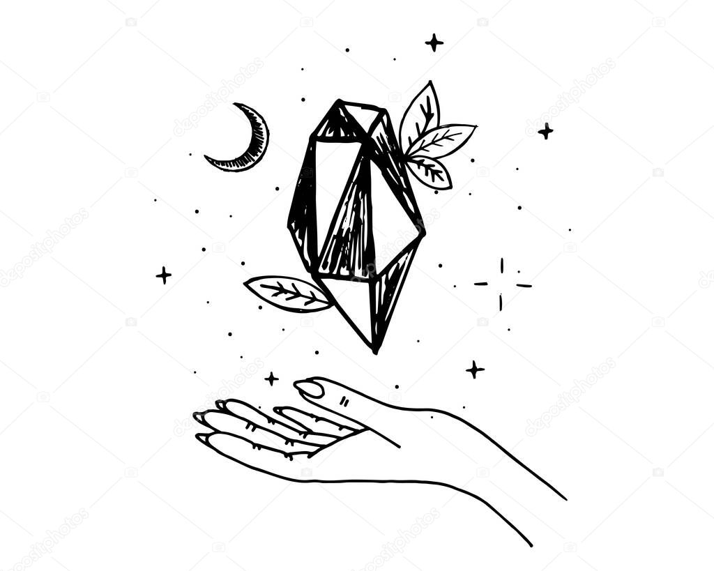 Mano de mujer sosteniendo un cristal mágico que se eleva para sanar con ...