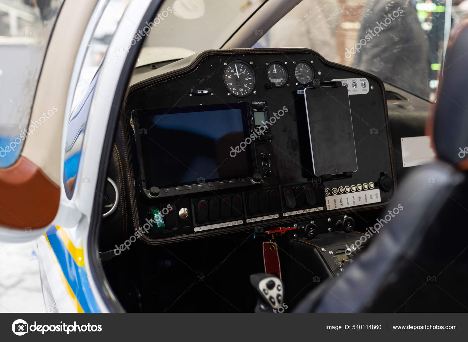 Cockpit pilot Flight Deck display. Throttle jet cabin with control ...