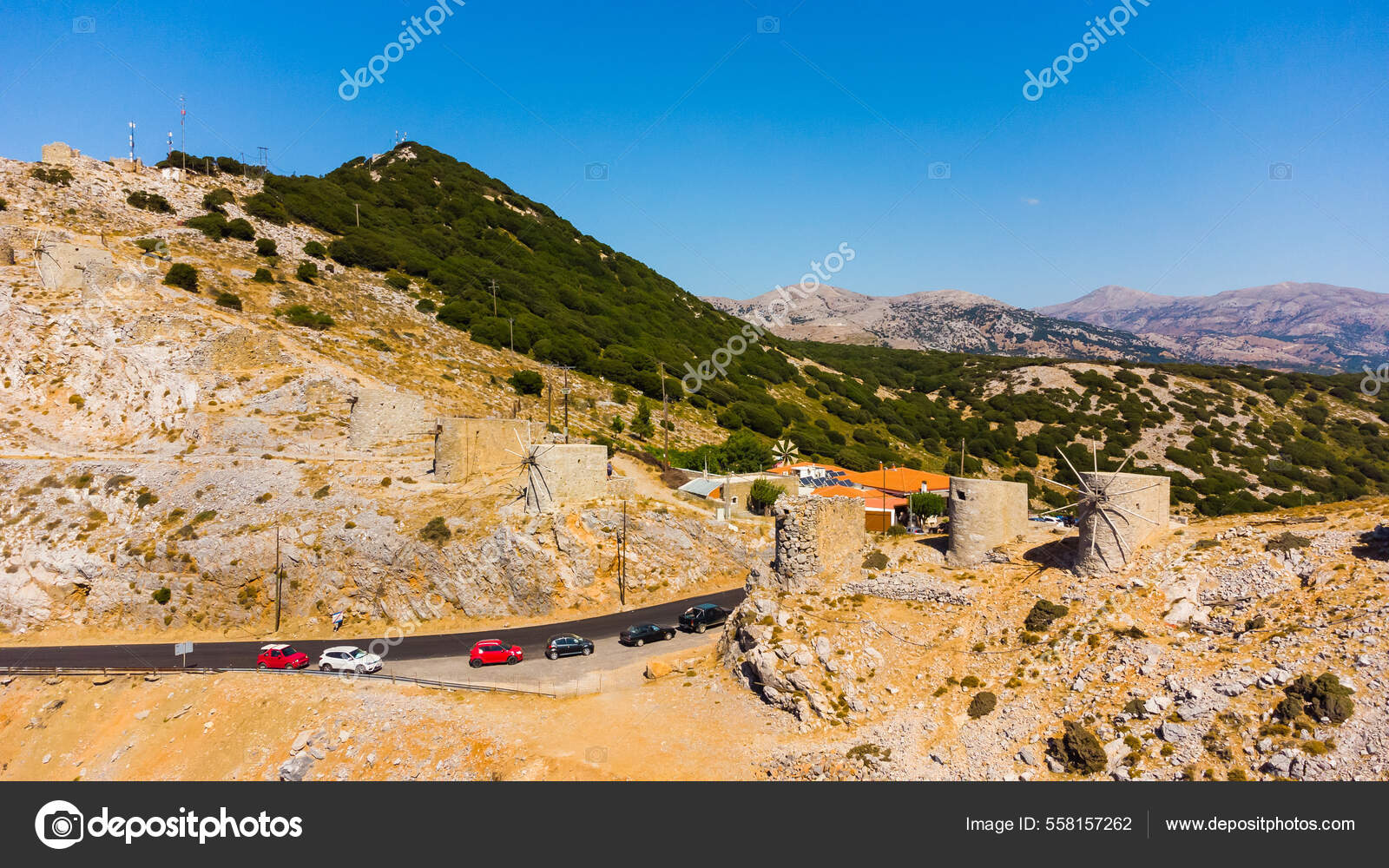 Mills crete, top view. Summer holiday background copy space — Stock ...