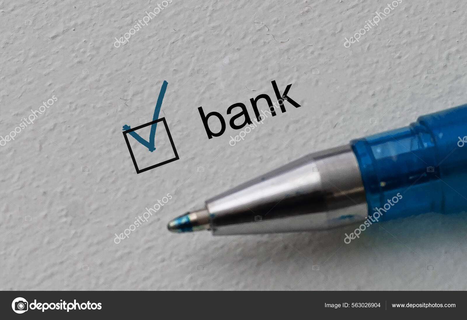 Check mark on the word bank and blue pen. Closeup, concept — Stock ...