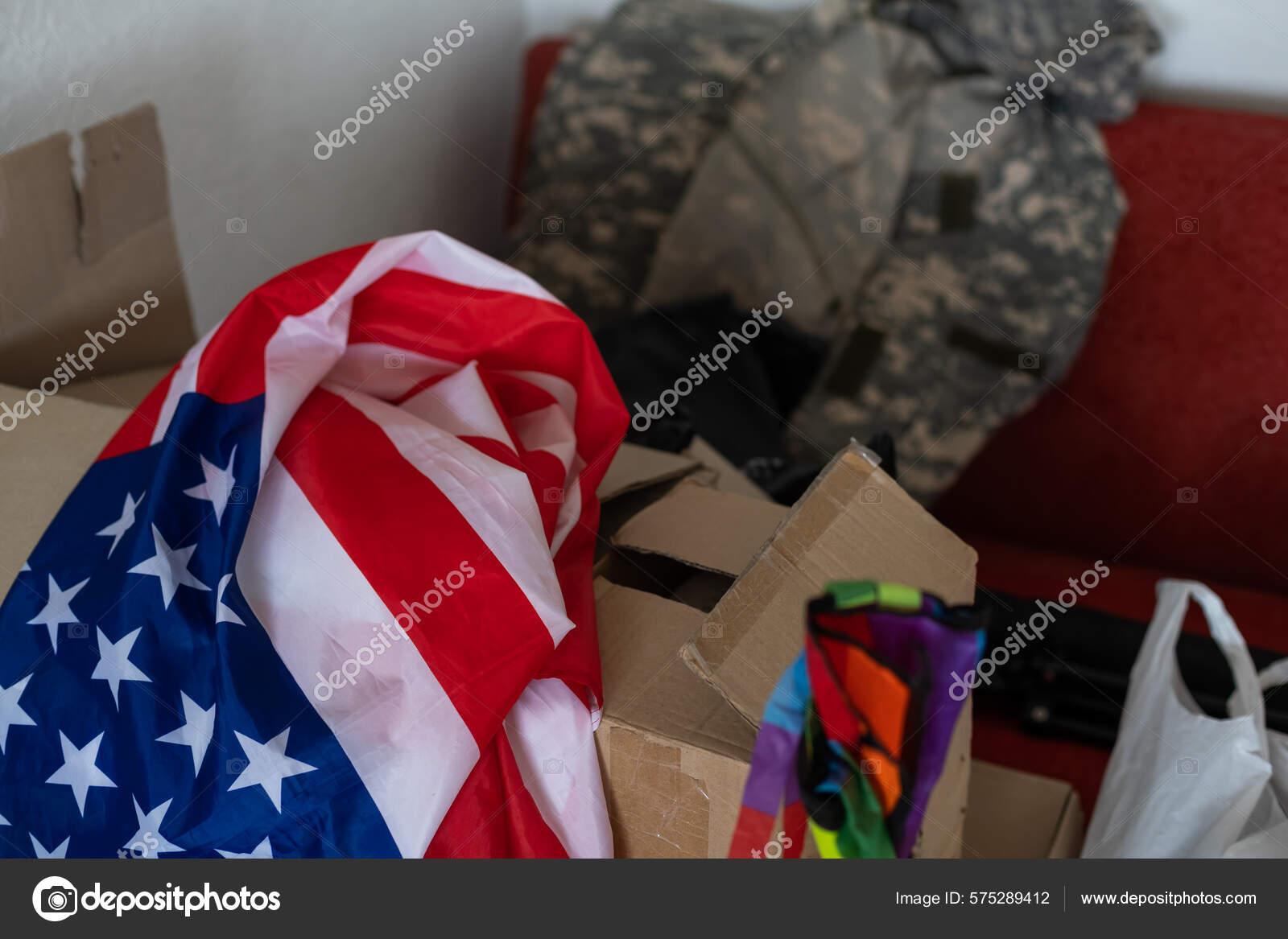 Boxes Things Move Military Uniform Flag America — Stock Photo ...