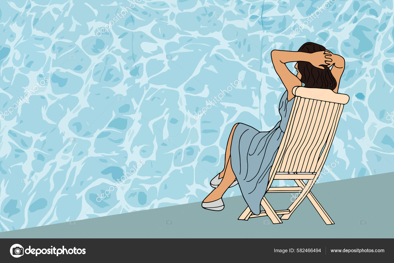 Long Haired Girl Swimsuit Sunbathes Deck Chair Drawing Flat Style Stock ...