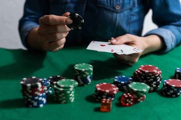 playing chips and playing cards close-up. the view from the top ...