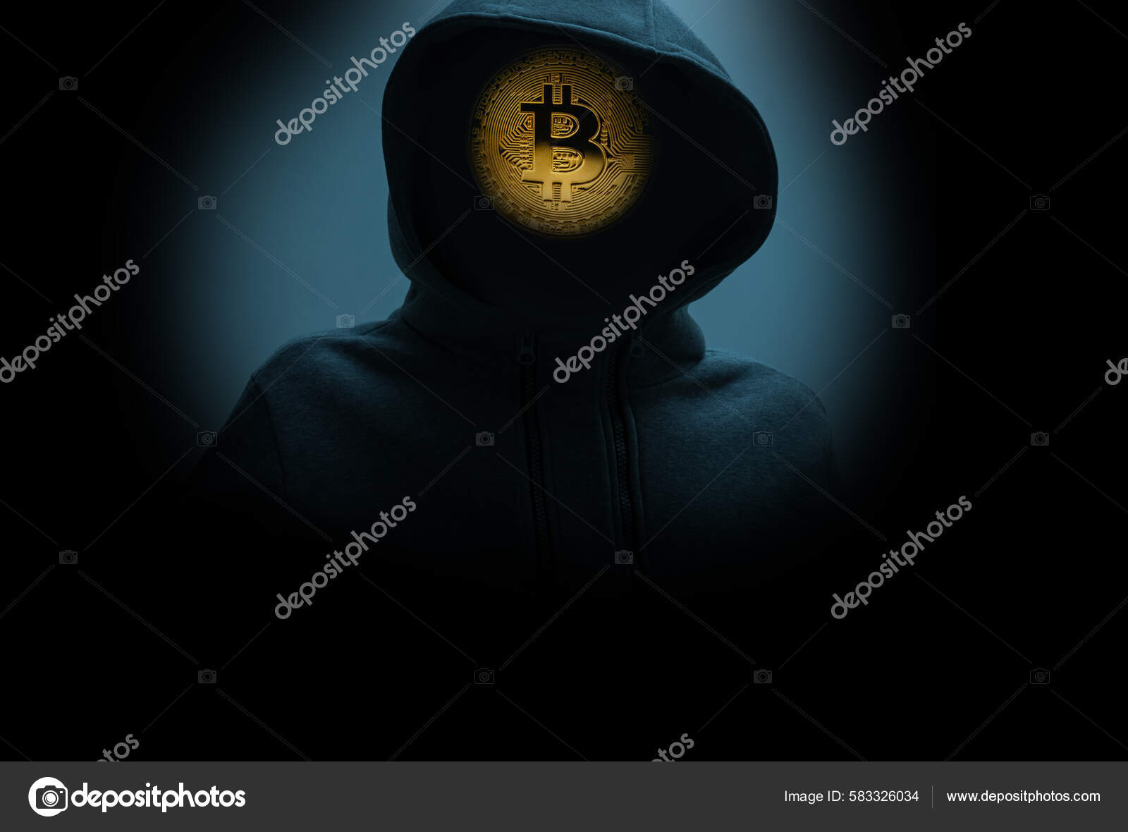 Man Face Hood Holds Luminous Bitcoin Icon Dark Background — Stock Photo ...
