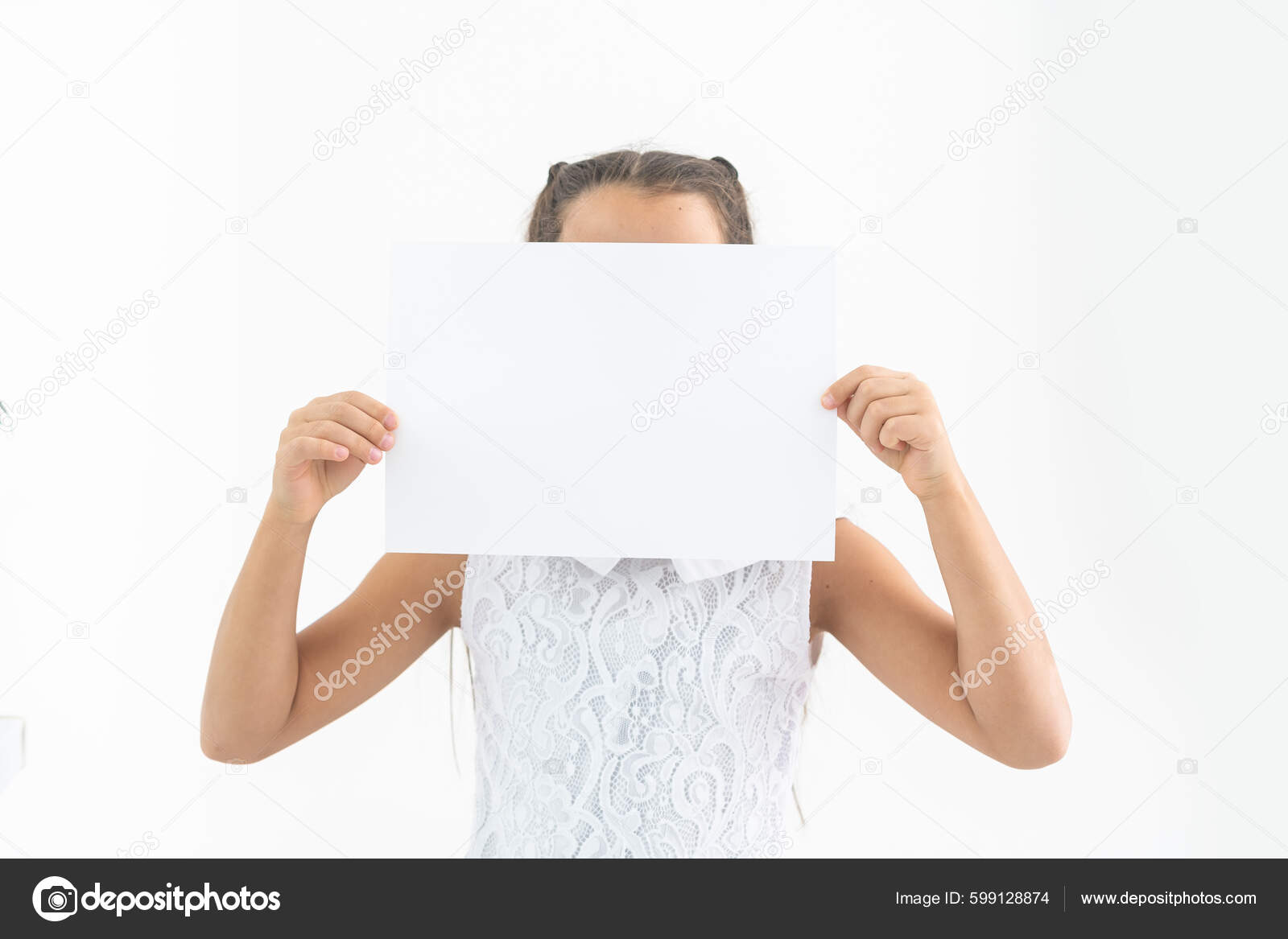 Clean Sheet Paper Childs Hands Covering Her Face White Background ...