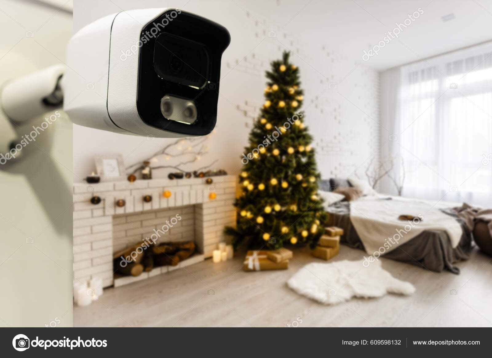 Close Object Shot Modern Surveillance Camera White Wall Cozy Apartment ...