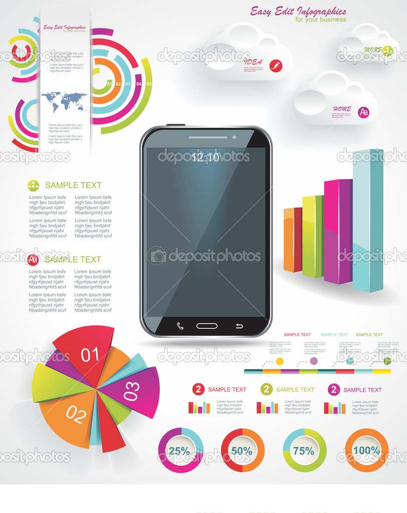 Modern Infographic with a touch screen smartphone in the middle ...