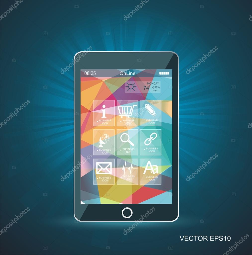 Perfectly detailed modern smart phone with geometric background Stock ...