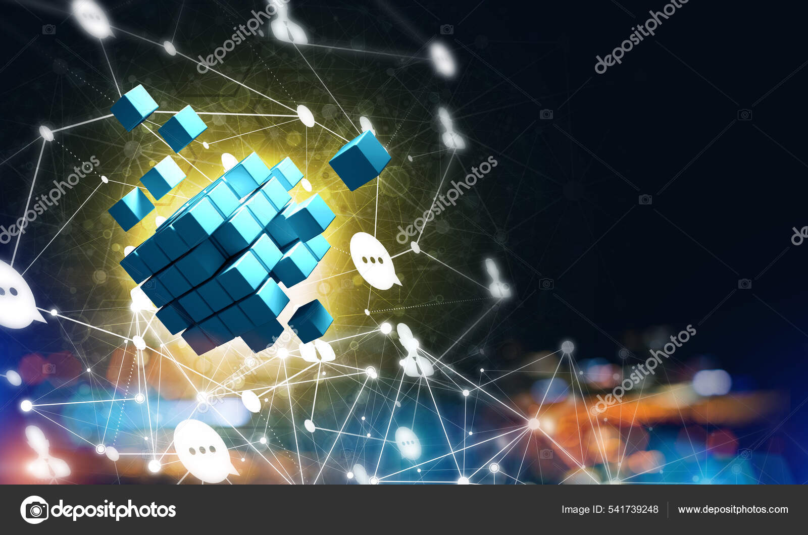 Concept of Internet and networking with digital cube figure on dark ...