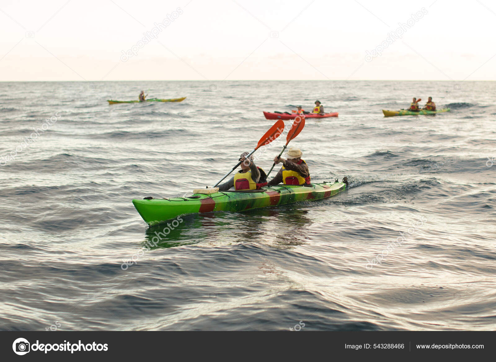 Kayaks. Canoeing in the sea near the island with mountains. People ...