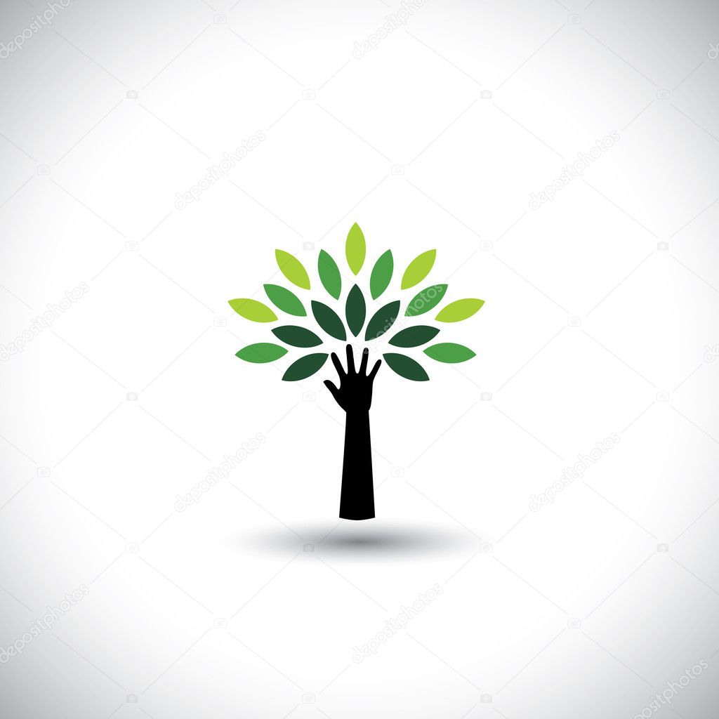 mano humana & icono del rbol con hojas verdes - vector concepto ecol gico 2024