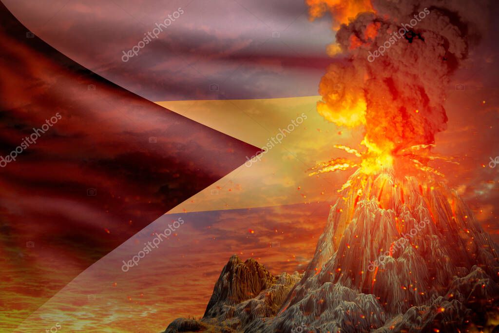erupción del volcán en la noche con explosión en el fondo de la bandera ...